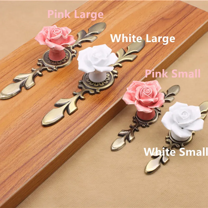 1Pcs Rose Flower Pink White Ceramic Alloy Base Door Handles Kitchen Cupboard Closet Drawer ...