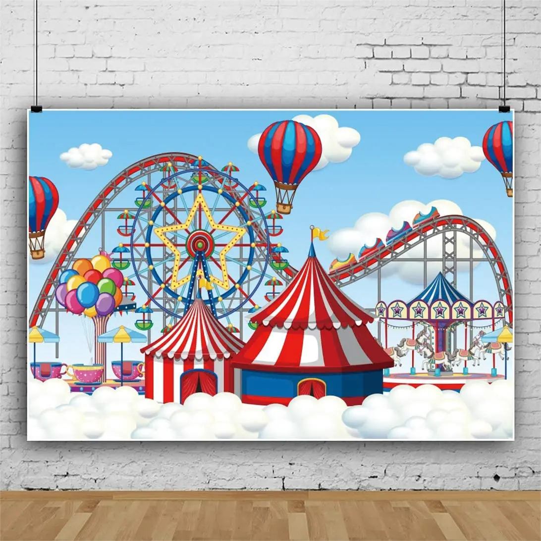 Amusement Park Photography Backdrop Clouds Circus Tent Hot Air Balloon ...