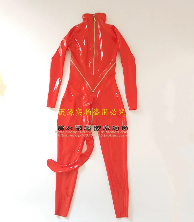 Sexy-Red-Latex-Catsuit-Rubber-Bodysuits-Clothing-Inflatable-Tail-with ...