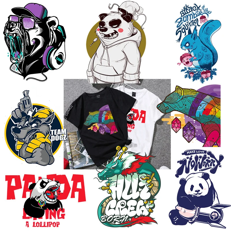 Cool Wild Animal Print Heat Transfer Patch Squirrel Panda Cute Fusible ...