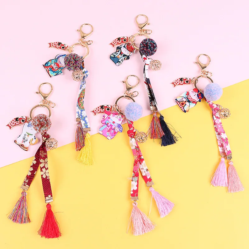 Japanese Retro Style Handmade Cloth Key Chains Embroidery Flower ...