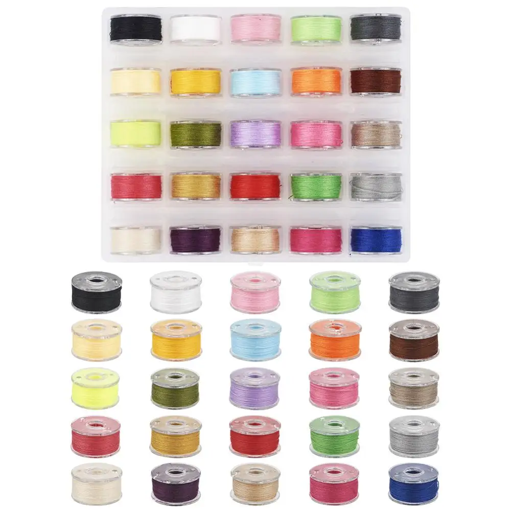 25 ม้วน/กล่อง 0.1 มม.สีผสมโพลีเอสเตอร์เย็บปักถักร้อยสาย Spools พลาสติก ...