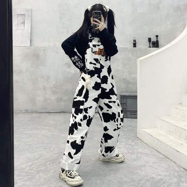 Street Casual Plaid Overalls Jumpsuit Cow Print JKP4632