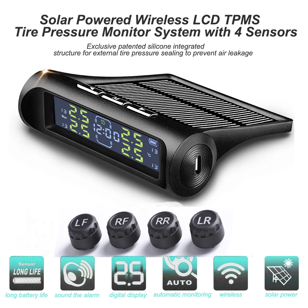 스마트 자동차 TPMS 타이어 압력 모니터링 시스템 태양 광 디지털 LCD 디스플레이 자동 보안 경보 시스템 타이어 압력 경고 ...