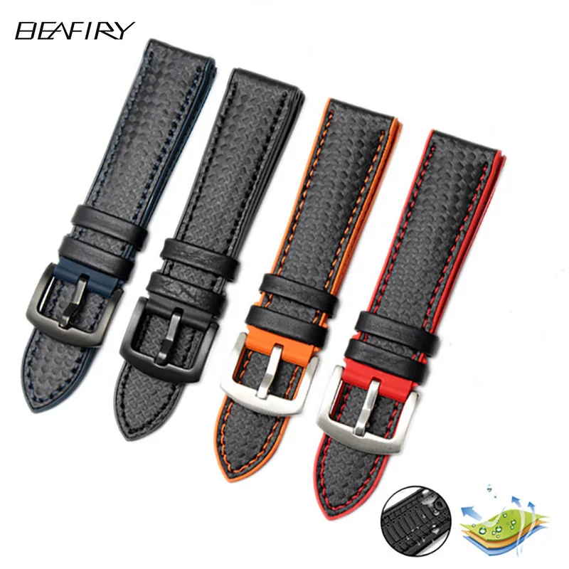 BEAFIRY 18mm 20mm 22mm 24mm Orange Stitching Carbon Fiber+silicone ...