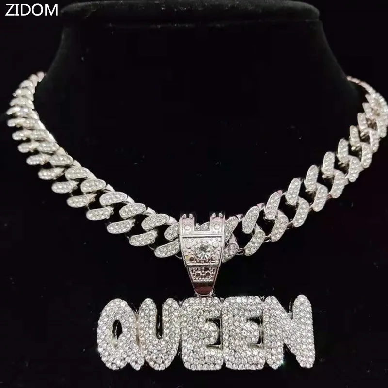Men-Women-Hip-Hop-Full-Rhinestone-KING-QUEEN-Letter-Pendant-Necklace ...