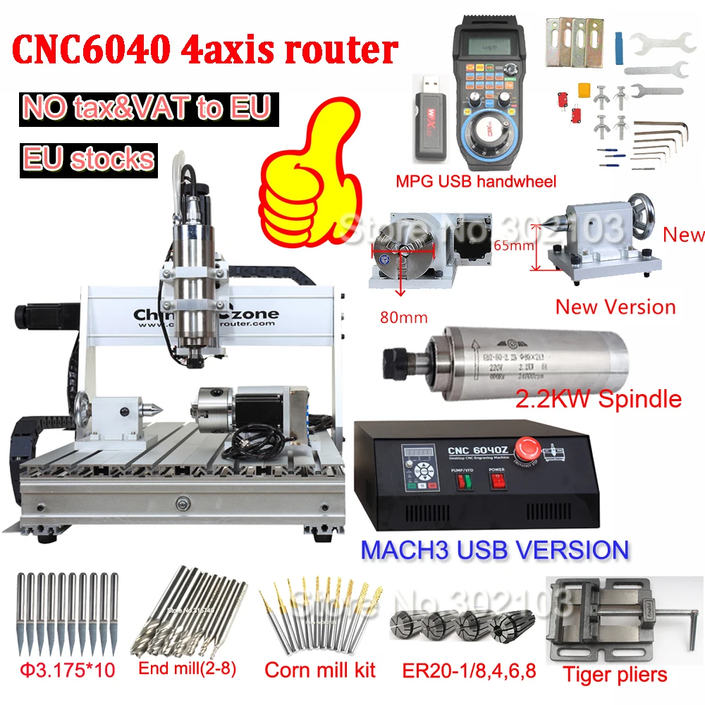 MACH3 USB CNC 6040 4axis 2.2KW Spindle with Ballscrew Tailstock Rotary Axis CNC Router Engraver ...