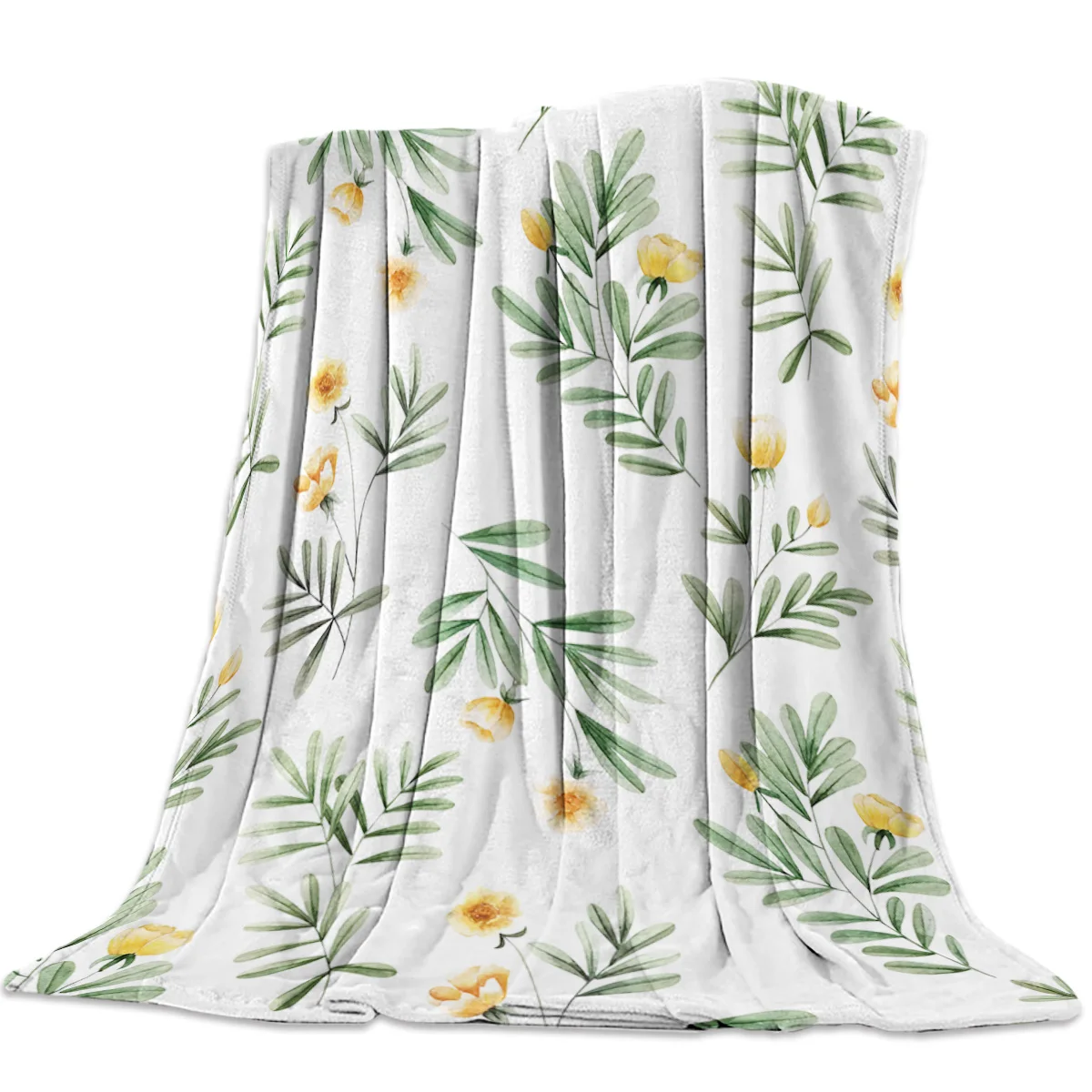 Spring Yellow Flower Green Leaves Bloom Throw Blanket Soft Comfortable Velvet Plush Blankets ...