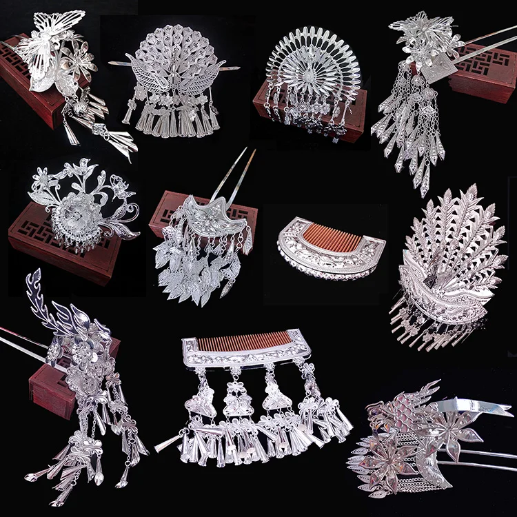 Miao Silver Hanfu Headdress Ethnic Style Hairpin Flower Tassel Fringe ...
