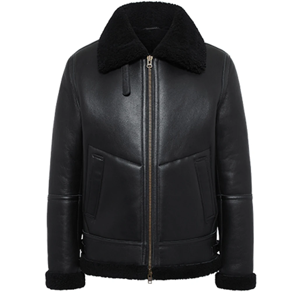 Sheepskin Shearling Jacket Mens B3 Bomber Jacket Fur Jacket Black Color ...