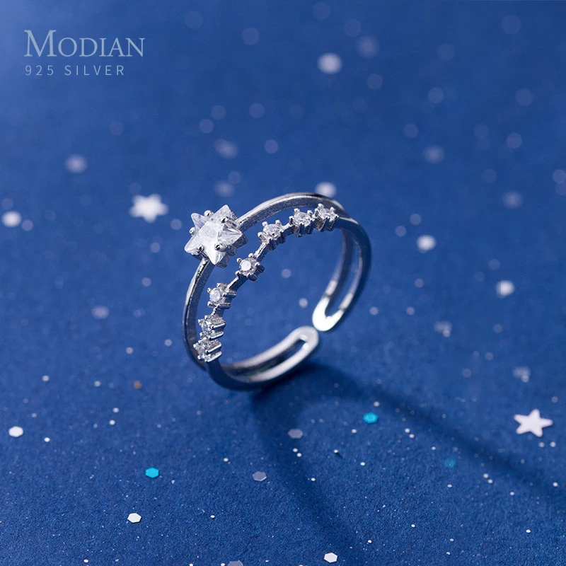 Modian-Real-925-Sterling-Silver-Double-Layer-Twinkle-Star-CZ-Adjustable-Open-Wedding-Engagement ...