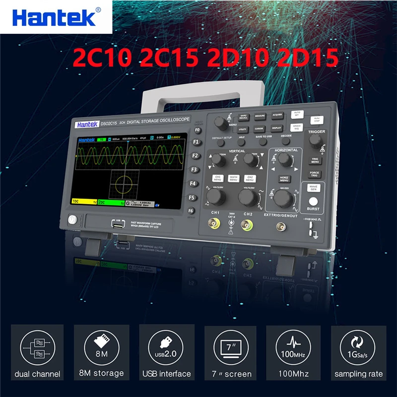 DSO2C10 2C15 2D10 2D15 Hantek Digital Oscilloscope 2 Channels 100Mhz/150Mhz Storage USB ...
