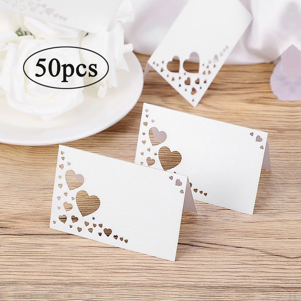 50pcs Paper White Elegant Table Card Heart Hollowed Table Namecard ...