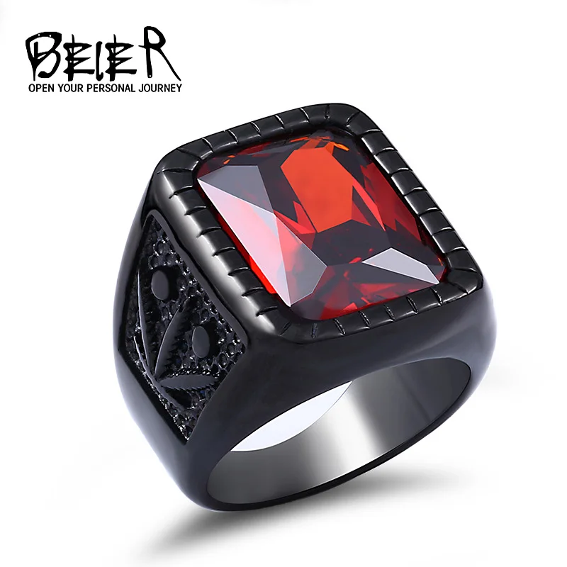 Stainless Steel Rings Men Red Stone | Black Red Rings Men | Mens Ring ...