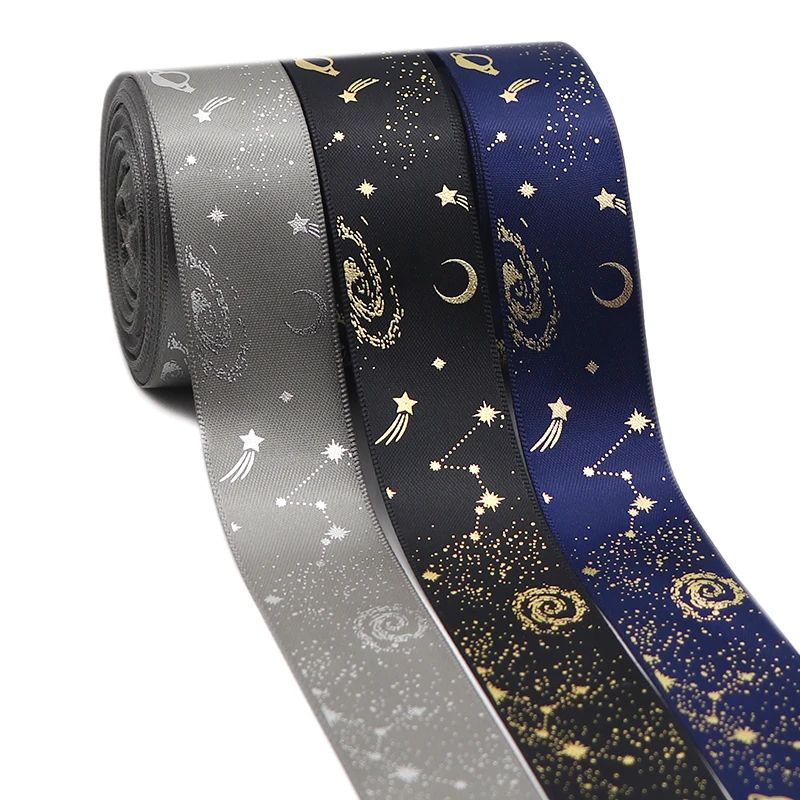 5 Yards 1" 25MM Satin Ribbon Hot Stamping Gold And Silver Starry Sky ...