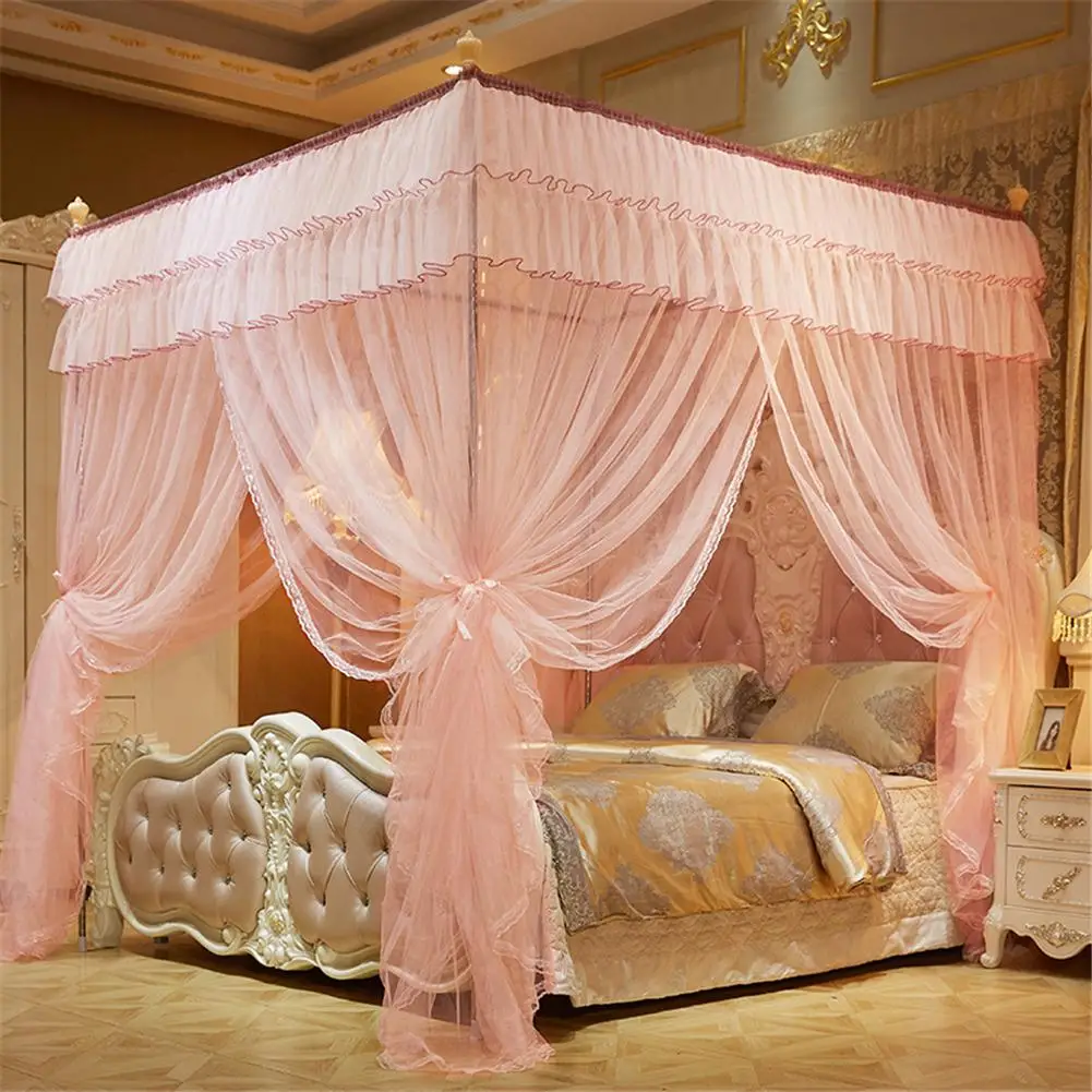 Four-Cornered Mosquito Net Pink Bed Canopy Princess Queen Mosquito ...