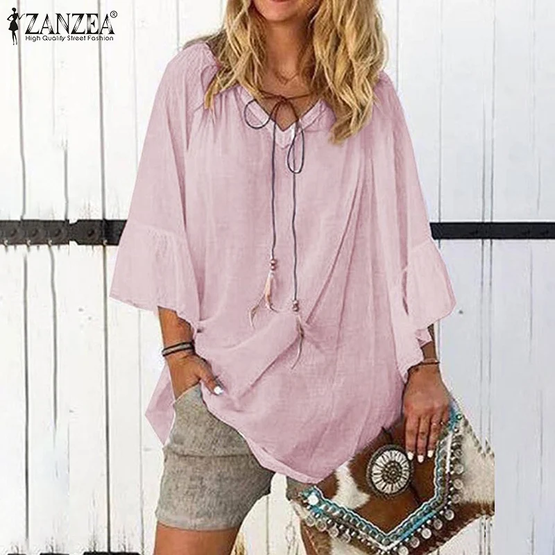 Fashion Women's Casual Blouse 2020 ZANZEA Summer Ruffle Tops V Neck 3/4 ...