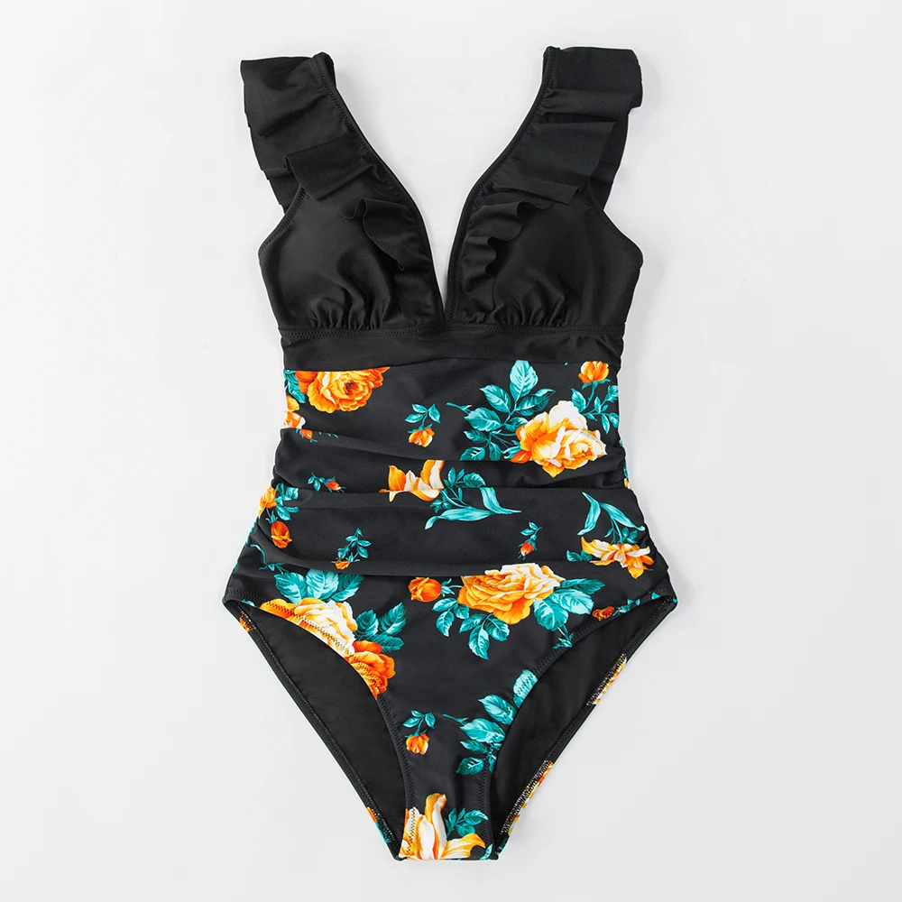 CUPSHE Black Floral V-neck Ruffled One-Piece Swimsuit Women Sexy Cutout ...