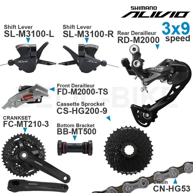 SHIMANO ALIVIO M3100 3x9 Speed Groupset with Shifter and M2000 Front REAR DERAILLEUR HG200 ...