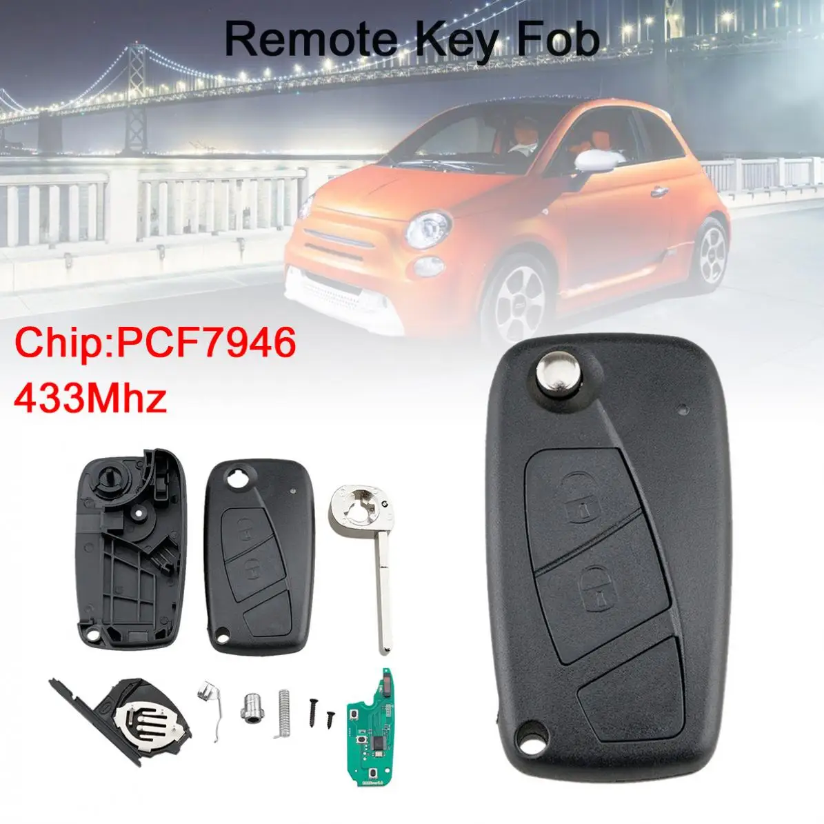 433mhz 2 Buttons Flip Car Remote Key Fob With Pcf7946 Chip Black Fit ...