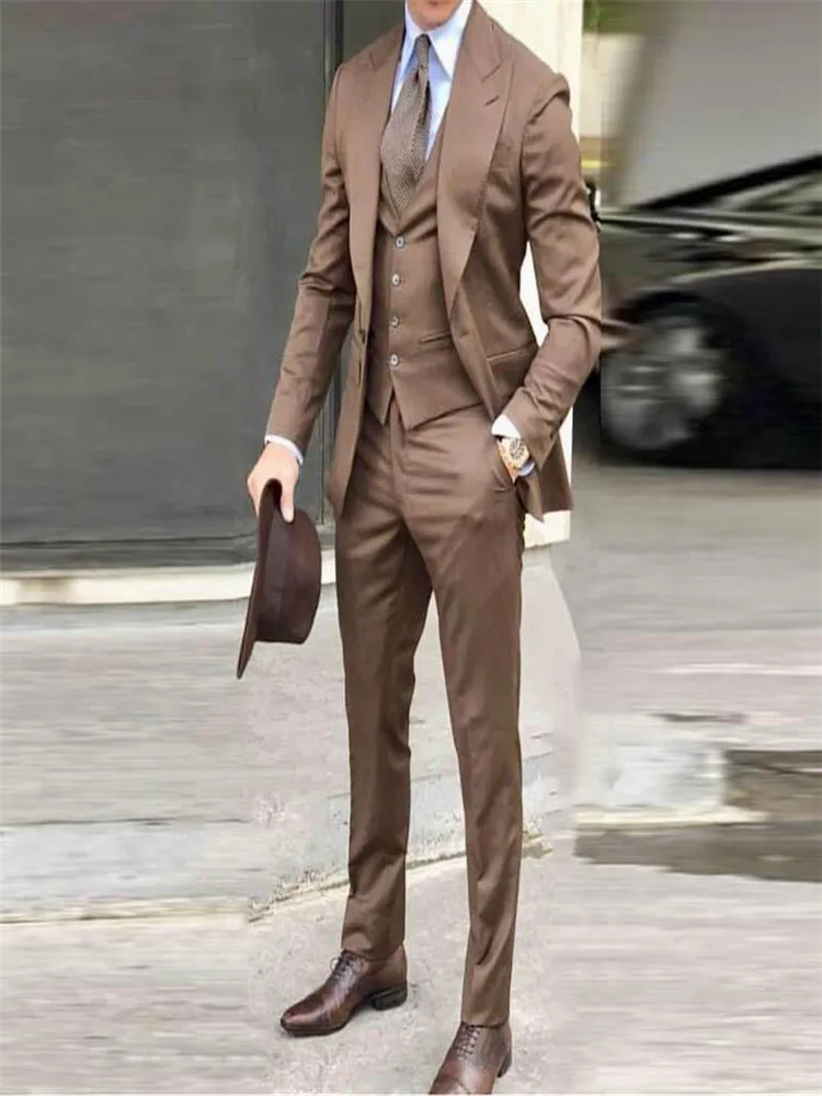 Mens suit Groom Tuxedos Brown Prom Wedding Men Suit Slim Fit Cotton ...