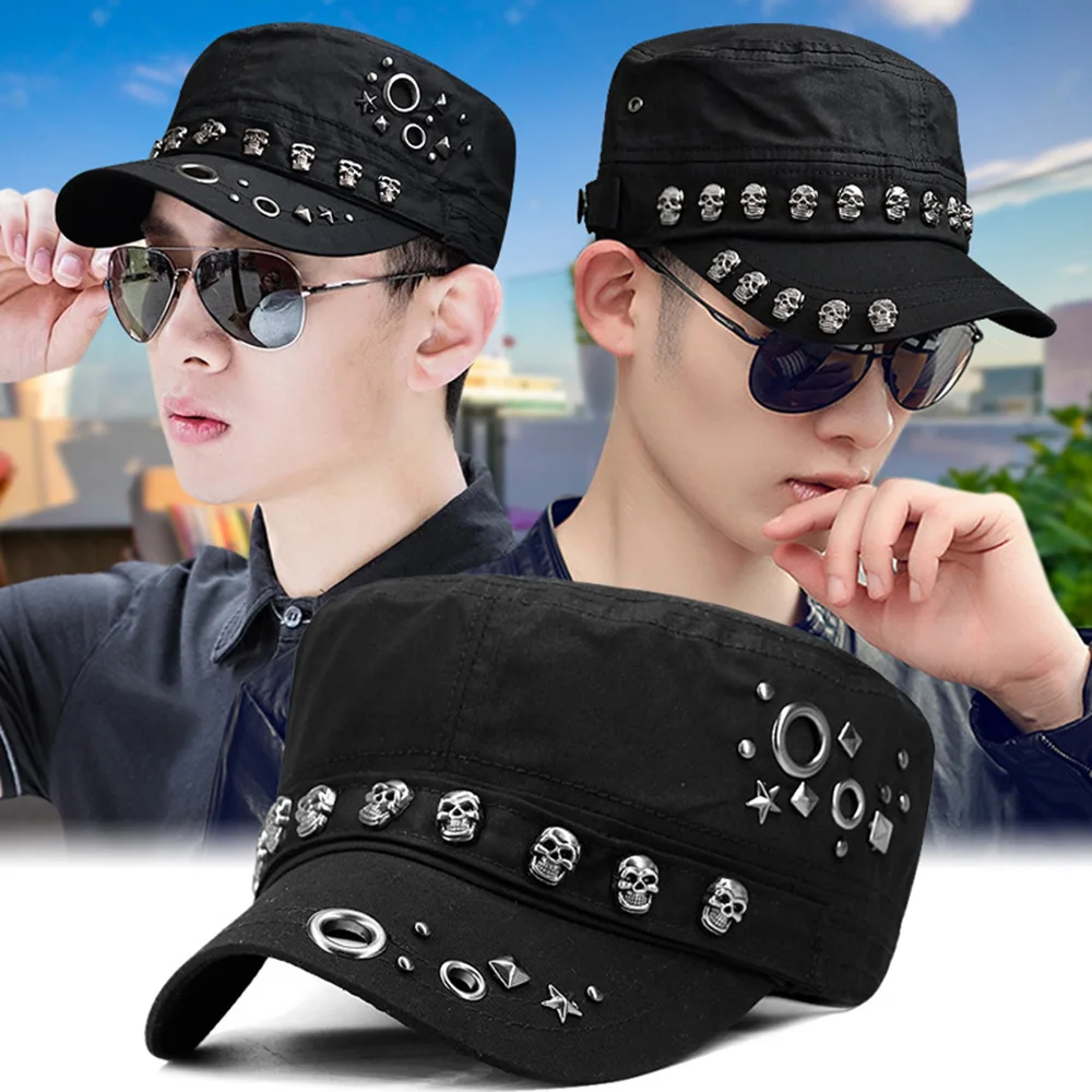 Adult-Hip-Hop-Punk-Rock-Skull-Rivet-Flat-Peaked-Hats-Men-Spring-And ...