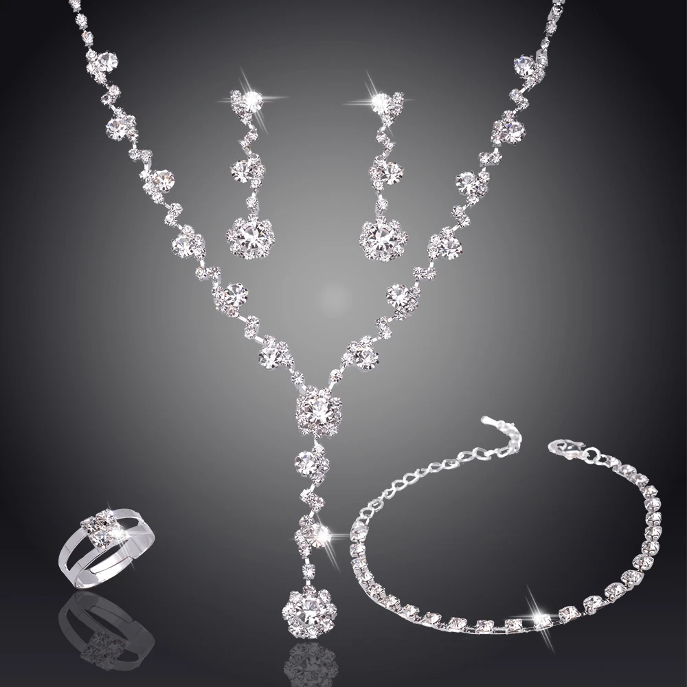 Women's Silver Color Fashion Wedding Jewelry Luxury Crystal Pearl ...