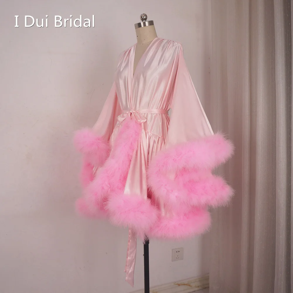 Short Satin Marabou Robe Long Sleeve Night Masquerade Dance Dress ...