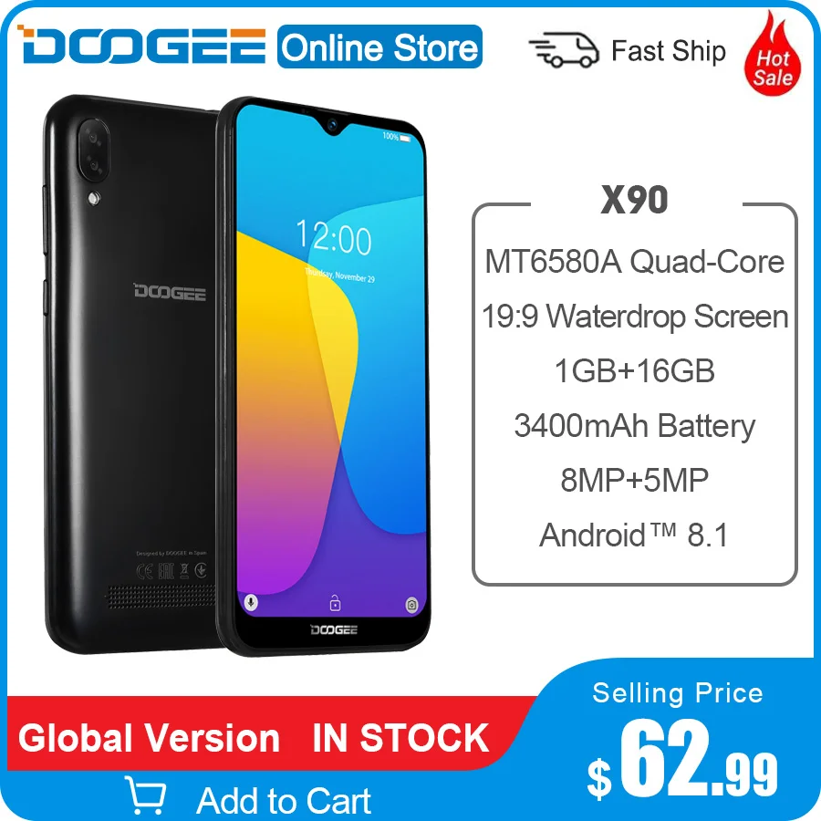 DOOGEE X90 Smartphone 6,1 pulgadas 19:9 de agua pantalla LTPS Smartphone Quad Core 16GB ROM ...