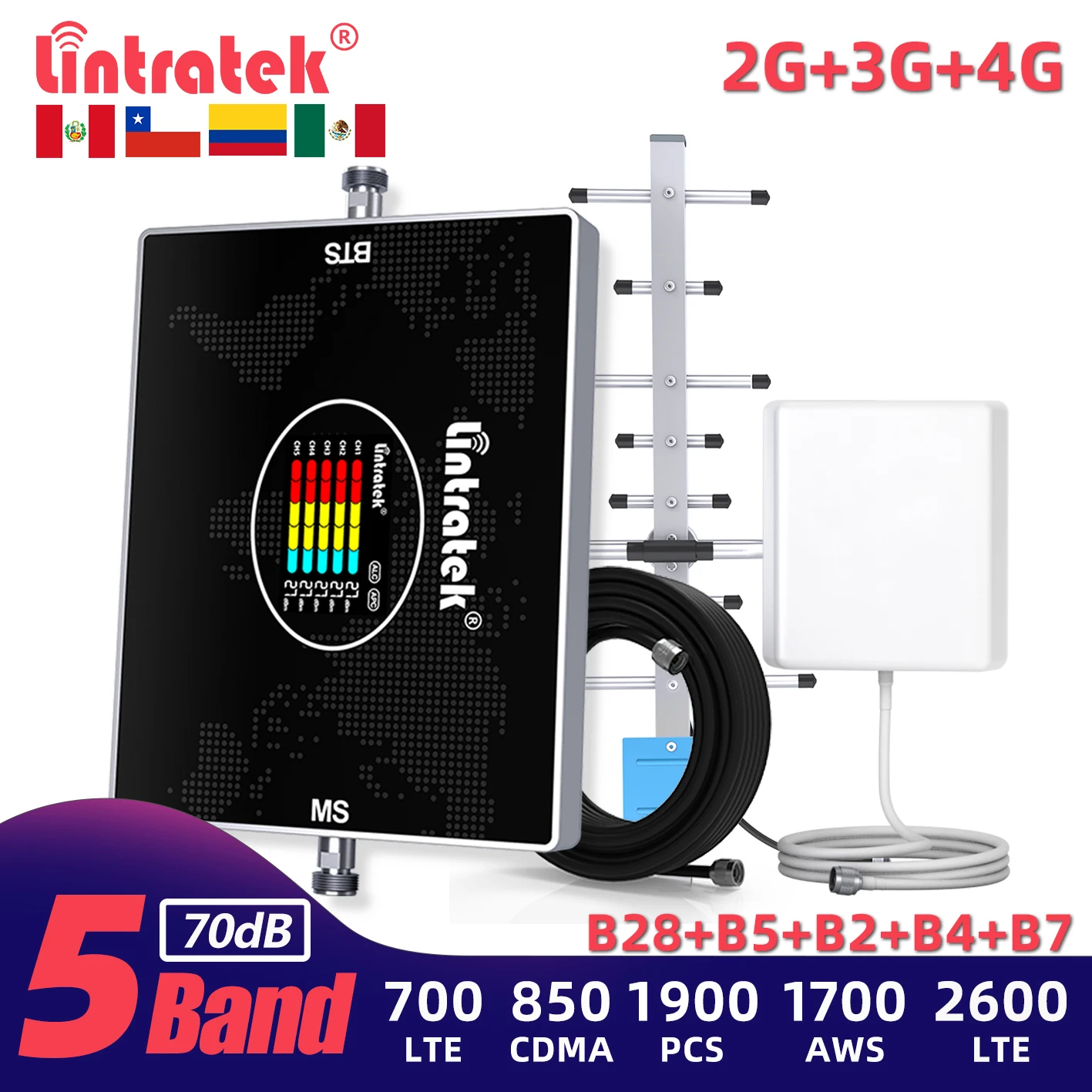 Lintratek 5 Band B28 700 800 850 1900 2600 B7 Singal Booster CDMA GSM LTE UMTS PCS AWS Cellular ...