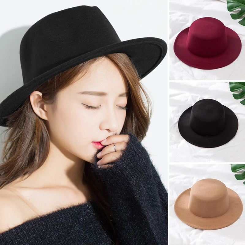 New Classic Solid Color Felt Fedoras For Women Men Artificial Wool ...