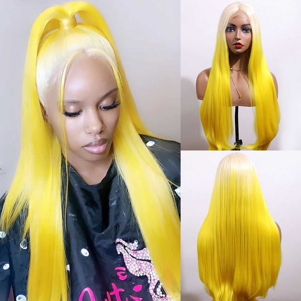 Ombre Yellow Synthetic Lace Front Wig Glueless Long Straight Blue Wig ...