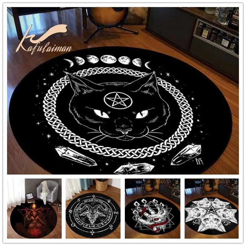 Round Rug Satanic Cat Goat Impaled Throne Area Atheist Carpet Bath Mat ...