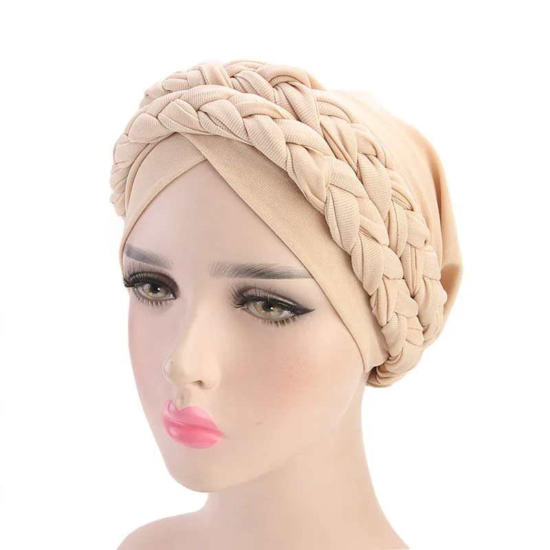 Turban extensible à volants, couleur unie, double tresse, bonnet ...