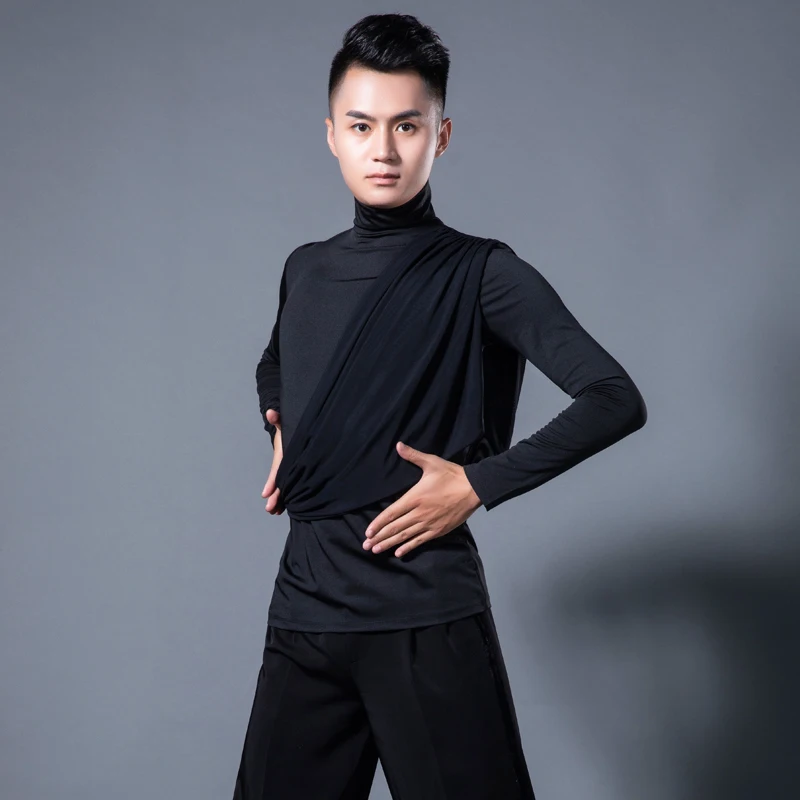 Male Latin Dance Tops Black High Collar Long Sleeve Shirt Man Dance ...