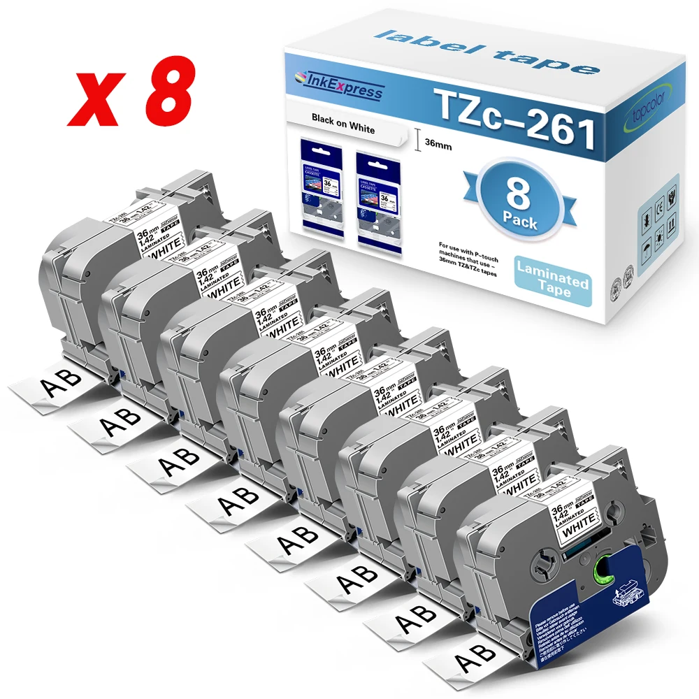 8pk 36mm For Brother Label Tape Tzc261 Black On White Compatible ...