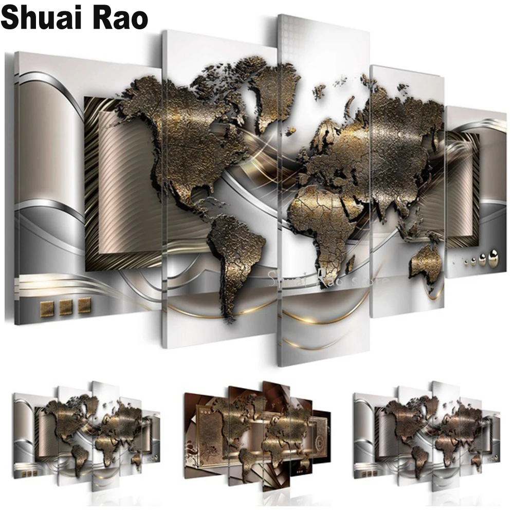 Arte-de-pared-de-5-paneles-mapa-del-mundo-pintura-de-diamante-Modular ...