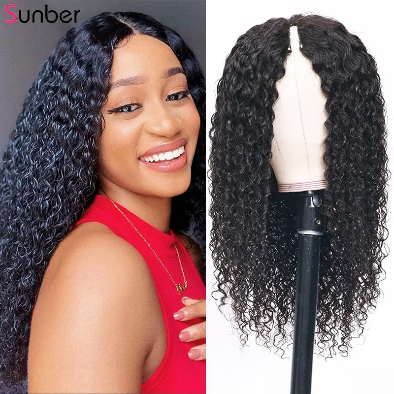 Sunber Curly V Part Wig No Leave Out Thin Part Human Hair Wigs 5"x2 ...
