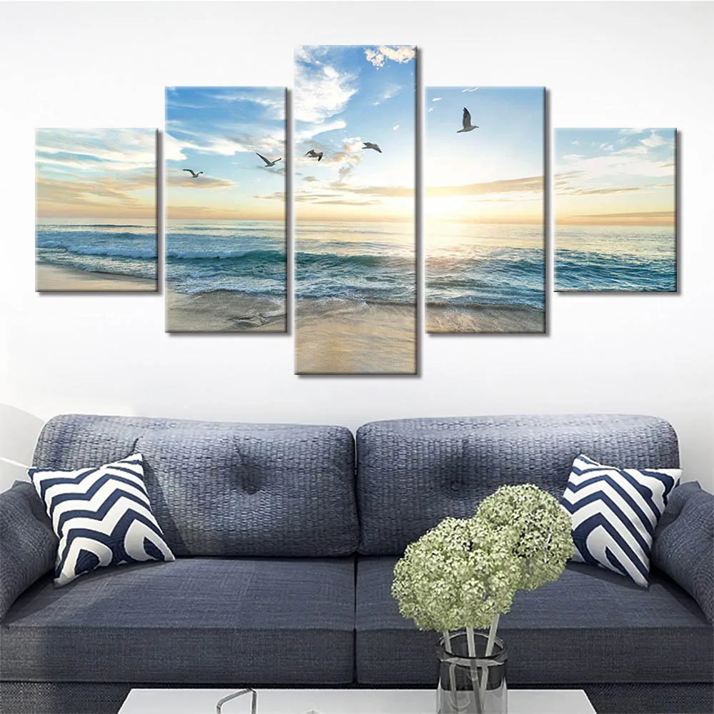5 Piece Canvas Paintings Home Decor Hd Prints Seascape Sunset Pictures ...