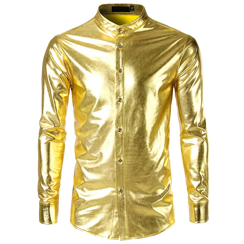 Idopy Men's Fashion Faux Leather Coated Shirts Gold Silver Party Stage ...