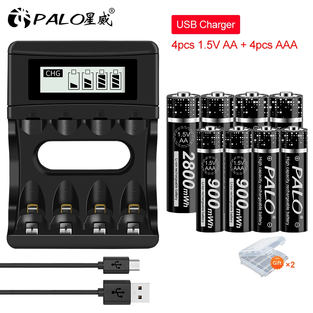 PALO 1.5V AA Li ion Rechargeable Batteries+1.5v AAA Li ion Rechargeable ...