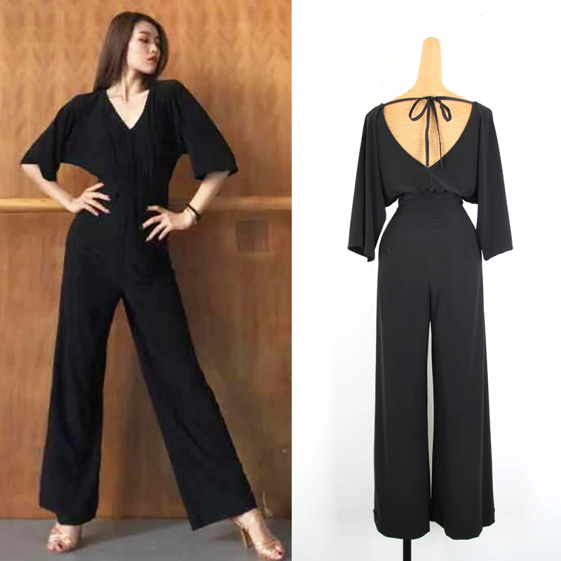 Latin Dance Dress Adults Black Loose Wide Legged Jumpsuit Ladies Rumba ...