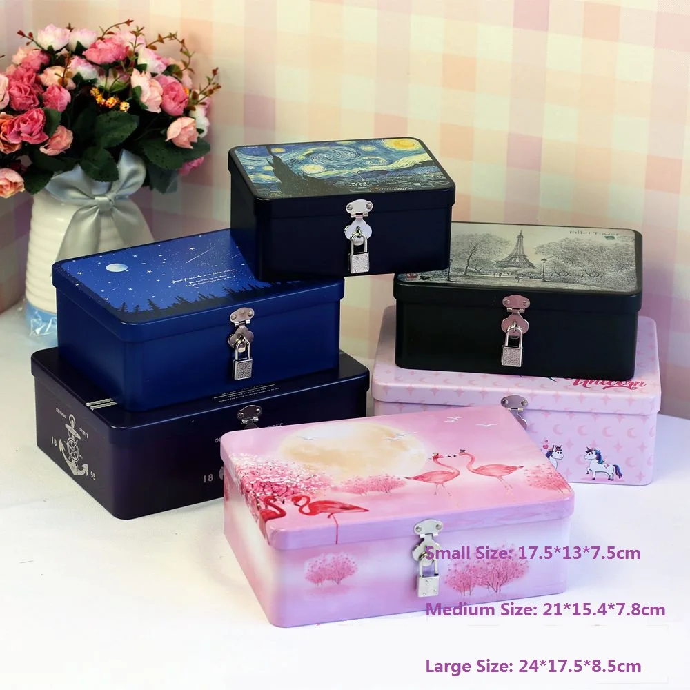 Large Tin Box With Password Lock Desktop Organizer Jewelry Card Letter ...