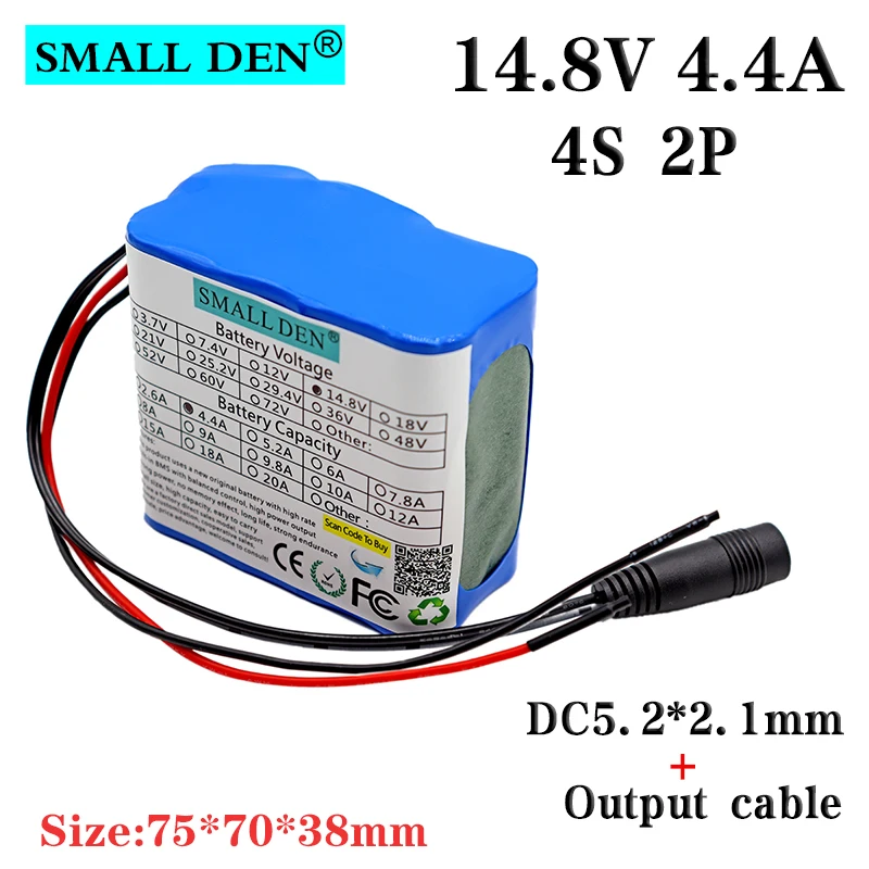 14.8V 4.4A 18650 lithium battery pack 4S2P 4400mAh Built-in 10A BMS for ...