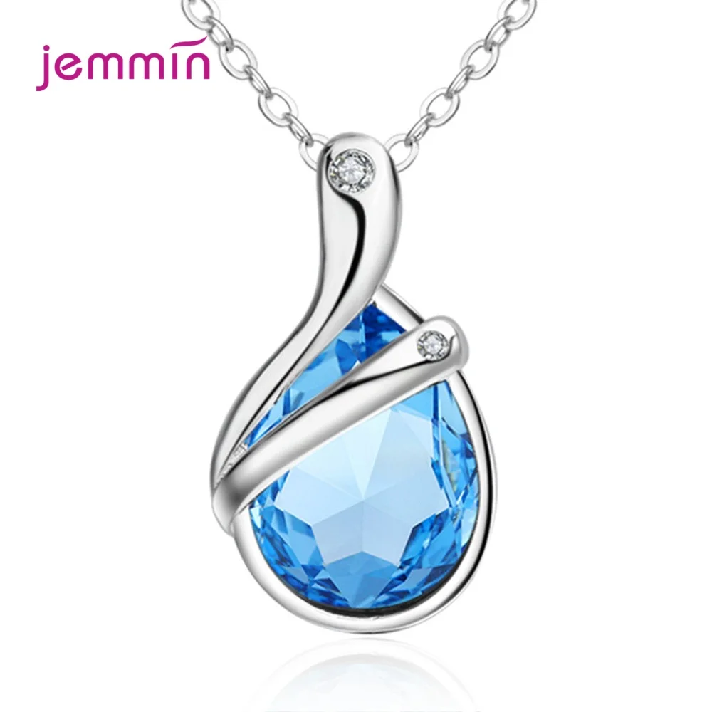 Sea Blue Crystal Pedant Necklace Genuine 925 Sterling Silver Necklace ...
