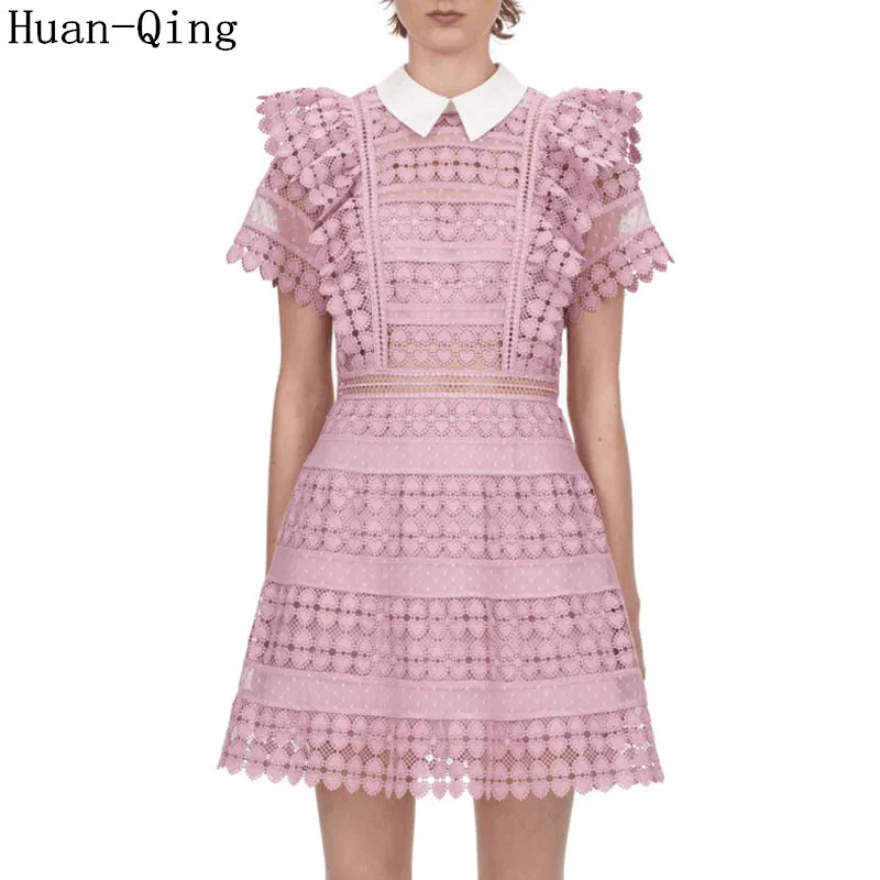 Vestido de renda para auto retrato verão, vestido rosa de crochê com babados para mulheres ...