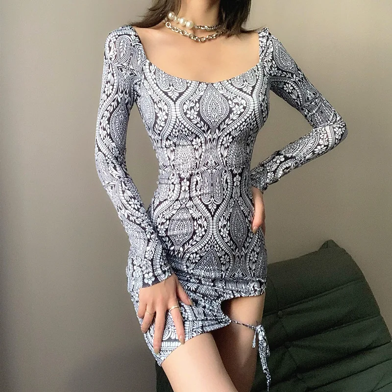 Nighpha Long sleeved Bodycon Dress Sexy Square Neck Print Ultra Short ...