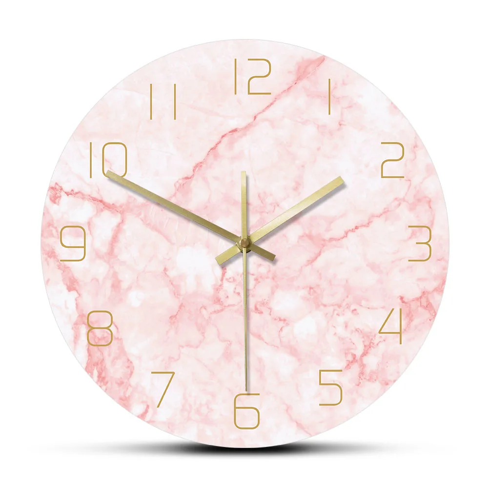 Natural-Pink-Marble-Round-Wall-Clock-Silent-Non-Ticking-Living-Room ...