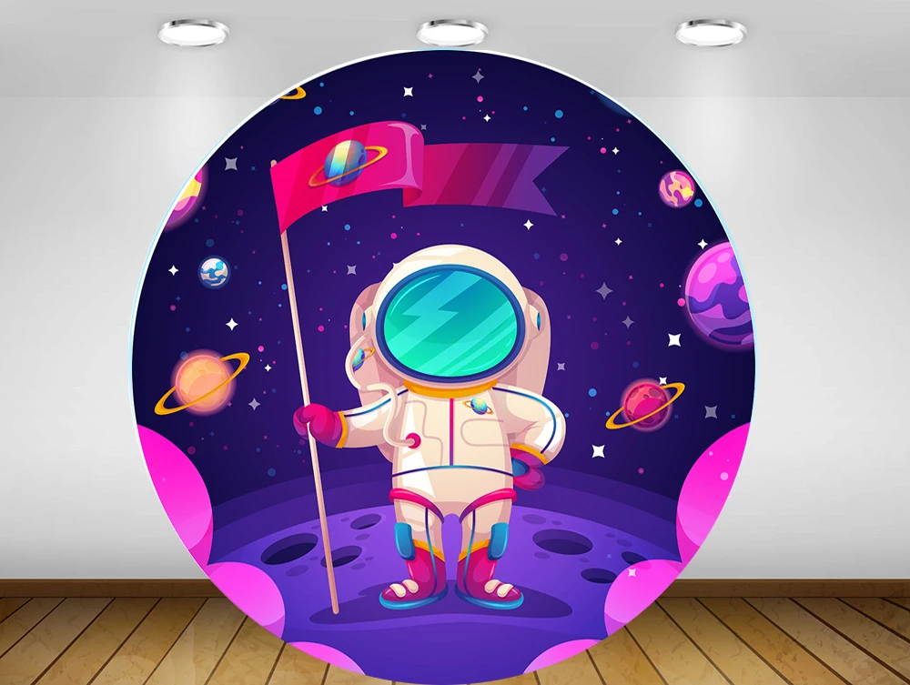 Circle Background Astronaut Space Themed Round Backdrop Kids Birthday ...