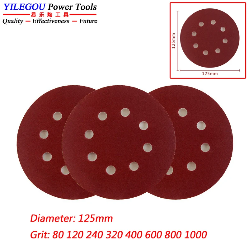 100 Pieces 125mm 8 Hole Flocking Sanding Paper, 5" Round Abrasive Paper ...